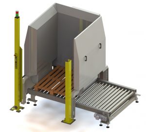 Pallet dispenser DPD250 dispenses empty pallets onto a roller conveyor