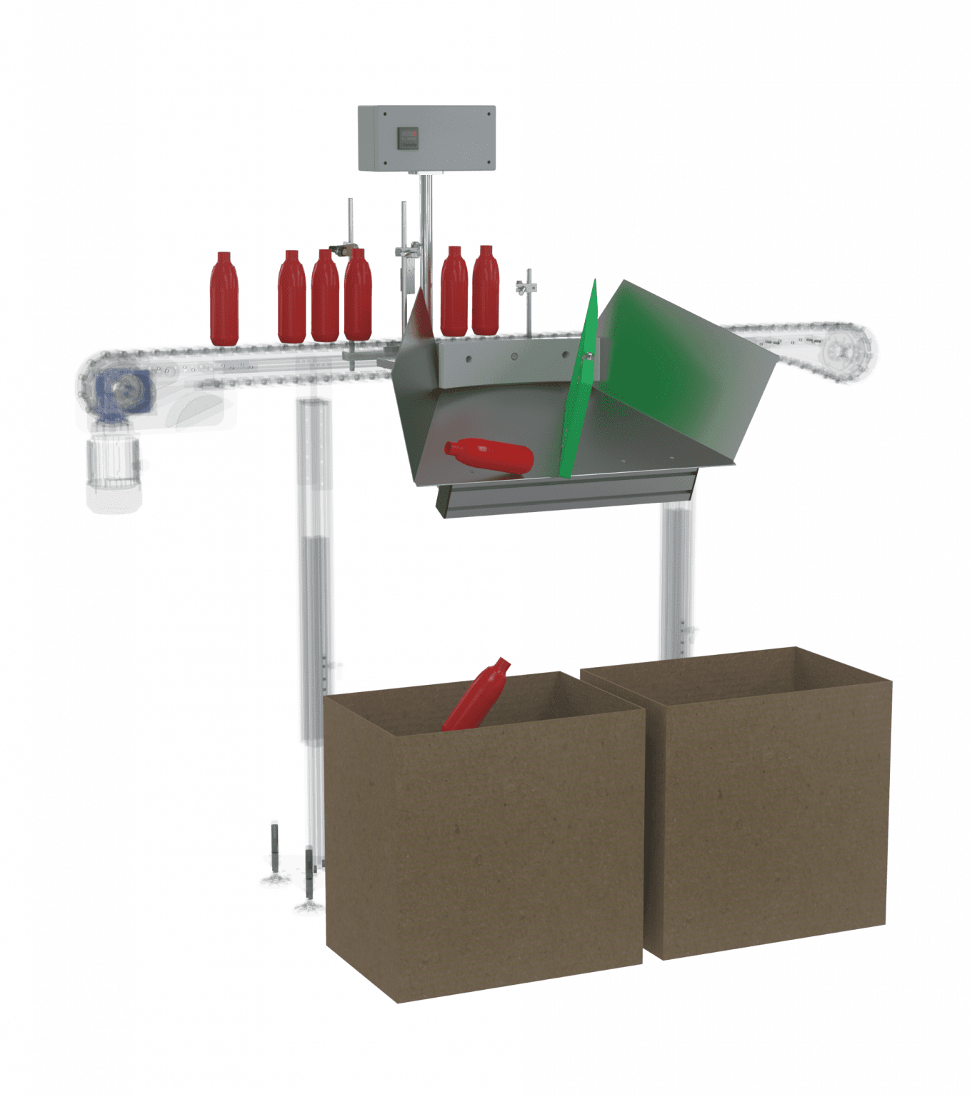 Box loading unit DSB010 - Tumble packing empty bottles into boxes